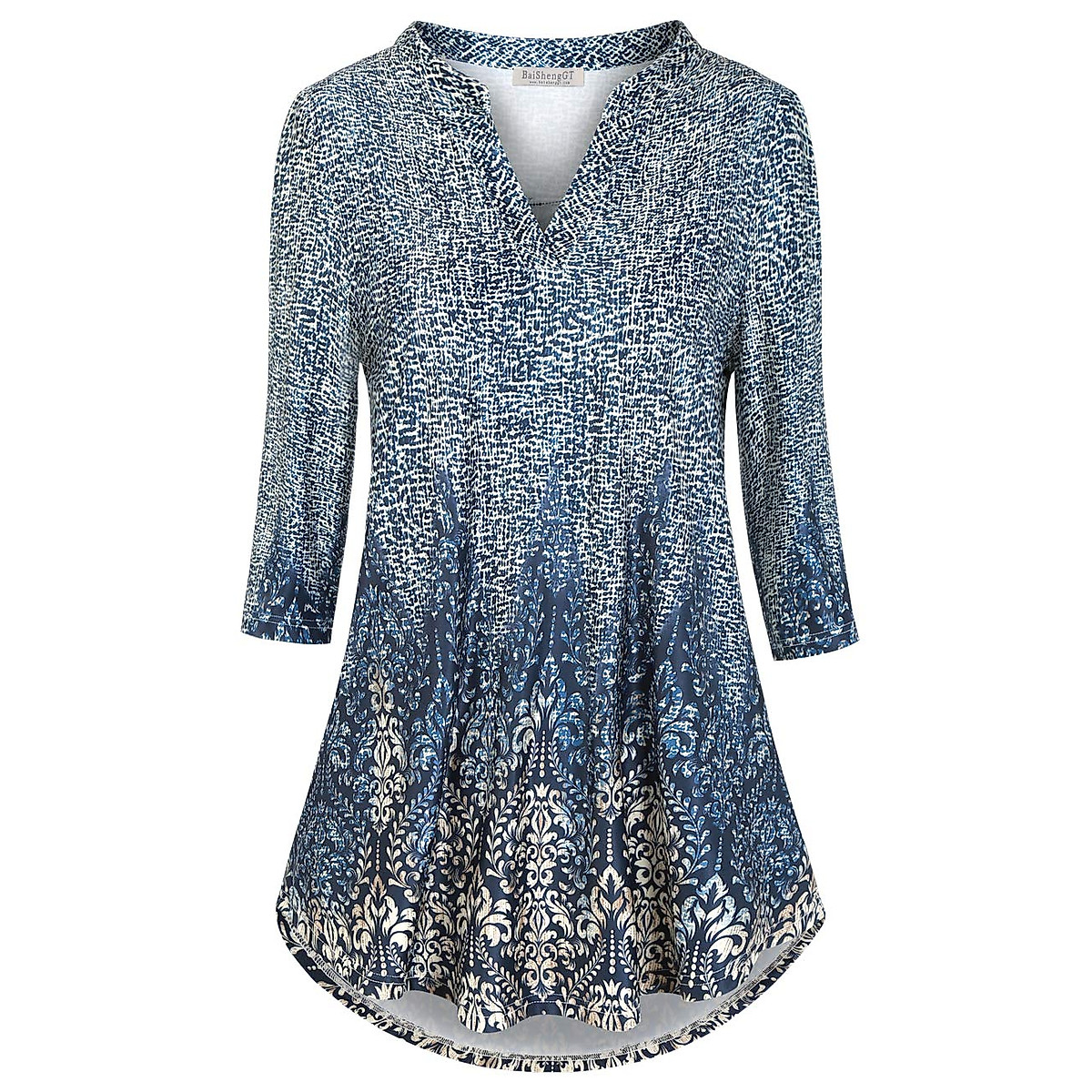 BAISHENGGT Womens Tunics Notch V Neck Tops 3/4 Sleeve Work Blouses Dressy Casual Going Out Shirts X-Large Navy Tribal