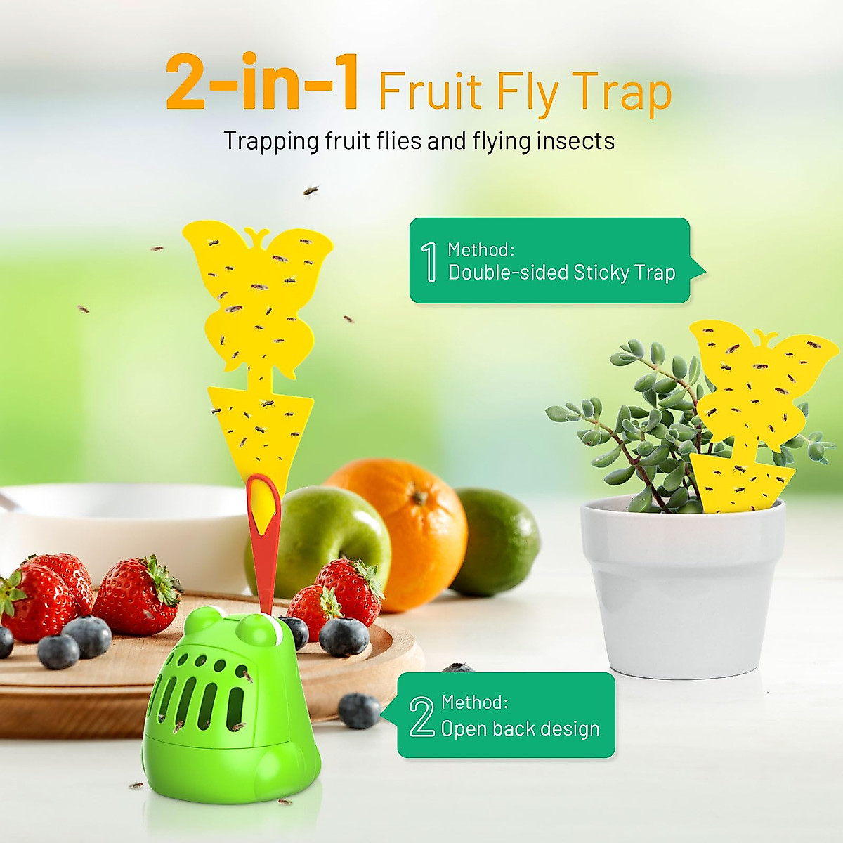 Fruit Fly Traps for Indoors and Outdoors:UWANTME Fruit Fly Killer with 12 Fruit Fly Sticky Traps, Easy to Use and Safe Food-Based Gnat Trap Reusable,2 Pack