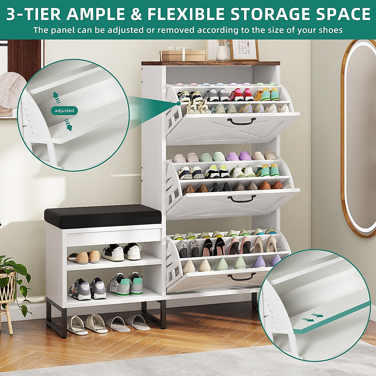 YITAHOME Farmhouse Shoe Cabinet with 3 Flip Drawers for Entryway, Shoe Storage Cabinet with Shoe Bench, Narrow Slim Shoe Rack Organizer for Entrance, Living Room, Hallway, White