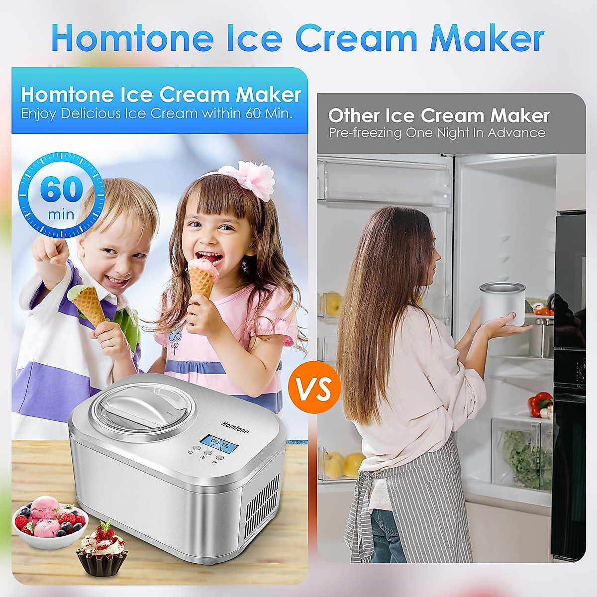 Homtone Ice Cream Maker 1 Quart, No pre-Freezing Automatic Ice Cream Yogurt Machine with Built-in Compressor and LCD Timer for Making Ice Cream,Gelato,Frozen Yogurt in 30-60 min