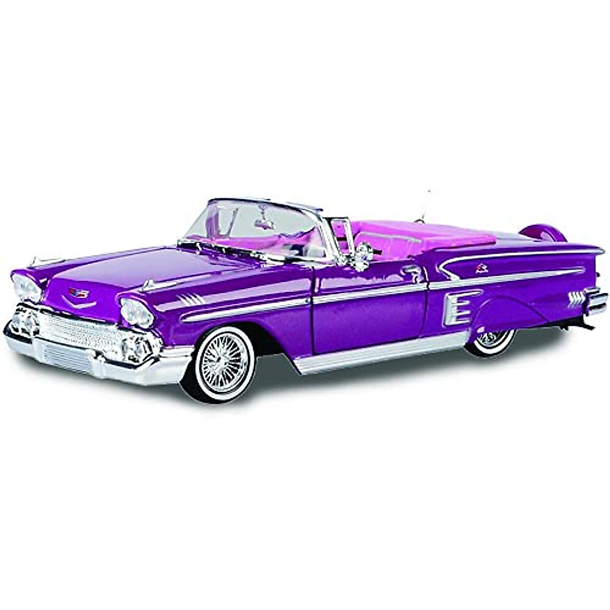 Toy Cars 1958 Chevy Impala Convertible Lowrider Purple Metallic with Pink Interior Get Low Series 1/24 Diecast Model Car by Motormax 79025,Unisex Adult
