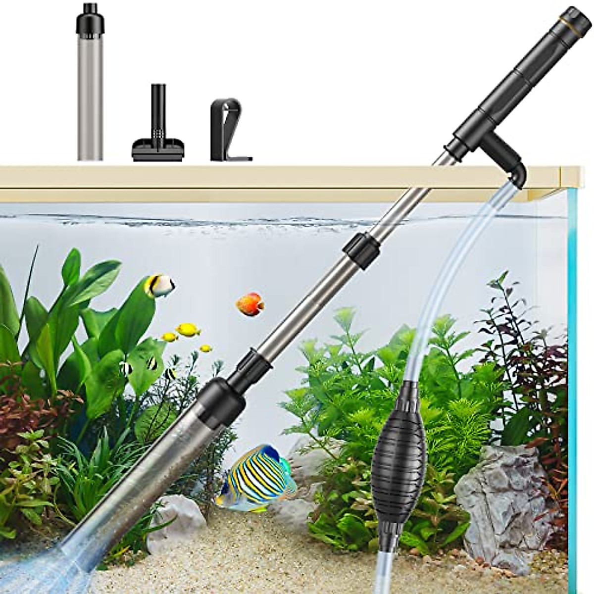 bedee Manual Aquarium Gravel Cleaner, Fish Tank Vacuum Gravel Cleaner, 3 in 1 Aquarium Siphon Vacuum Cleaner Kit for Water Change，Sand Cleaning，Remove Dirt with Adjustable Telescopic Rod