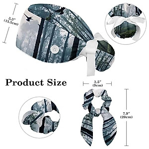 Nurse Scrub Caps,Scrub Hats with Buttons and Cotton Sweatband,Halloween Crow Flying Forest Night