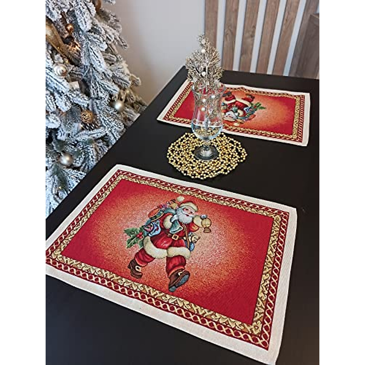 Christmas Placemats with Santa Set of 2 Red Fabric Holiday Glitter with gold Lurex (set of 2) Size:13in X 19in (34cm X 49cm)