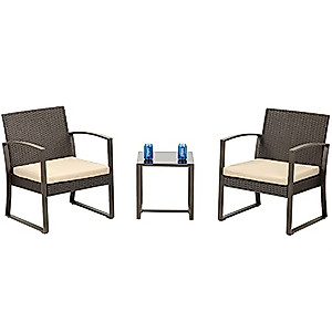 BPS 3 Pieces Patio Furniture Set, Outdoor Rattan Wicker Chairs with Table, 3 Pcs Sofa Set with Cushion, Conversation Furniture for Garden Poolside