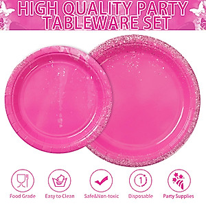 96Pcs Hot Pink Party Supplies Hot Pink Plates and Napkins Tableware Set Hot Pink Party Decorations for Pink Valentine's Day, Birthday, Wedding, Bridal Shower Party, Serves 24