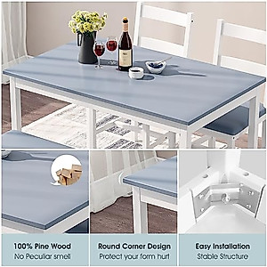 Dining Table Set for 4, 4 Piece Kitchen Table with Chairs and Bench, Wood Rectangular Dining Table Set with 2 PU Leather Chair and Bench for Small Spaces, Apartment, Breakfast, Living Room (Blue)
