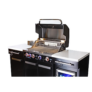 Mont Alpi MA-957FC 5-Burner 63000 BTU Black Stainless Steel Outdoor Kitchen Bar Gas Barbecue Island Grill with Infrared Rear Burner + Fridge Cabinet + Rotisserie Kit & Full Weather Cover