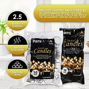 PAMI Premium Long-Lasting Tealight Candles [50-Piece Bag] - Unscented Tea Candles with 2.5 Hours Burning Time- Paraffin Tealights with Beautiful Flame- Round Candles Perfect for Votive Candle Holders