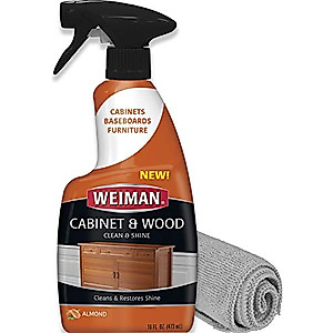 Weiman Cabinet & Wood Clean & Shine Spray - Furniture, Kitchen Cabinets, Baseboard & Trim, Fresh Almond Scent - Microfiber Cloth Included
