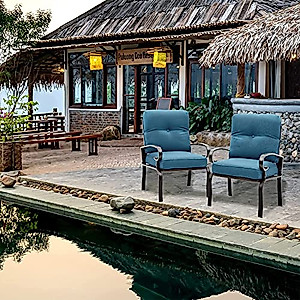 Incbruce Metal Outdoor Dining Chairs Patio Chairs Set of 2, Wrought Iron Chair Steel Frame Restaurant Chair, All-Weather Garden Seating Chair with Arms and Seat Cushions (Peacock Blue)