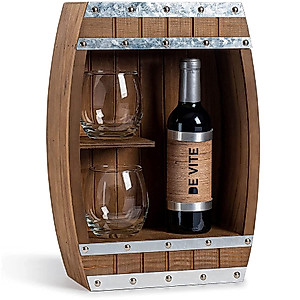 Wooden Wine Barrel Display - Pinewood Display Case with Sliding Cover Ideal for Wine Whiskey Scotch & More - 2 Built-In Shelves for Stemless Wine or Rocks Glasses, A Gift for Wedding or Any Occasion