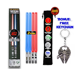 SaberChops Lightsaber Chopsticks Star Wars Gifts LED Light Up Reusable Light Saber Removable Handle Dishwasher Safe Red & Blue 2 PAIRS & FREE Millennium Falcon Keychain Bottle Opener,Red & Blue