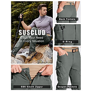 Susclude Men's Tactical Pants Stretch, 9 Pockets Rip Stop Lightweight Cargo Work Military Trousers Outdoor Hiking Pants Gray Green 28Wx28L