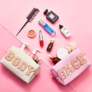 Patelai 2 Pcs Preppy Makeup Bags Chenille Letter Patch Bag Face Skin Hair Stuff Aesthetic Cosmetic Bag Travel Zipper Pouch Makeup Organizer Graduation Gift for Girls(White, Pink, Body, Face)