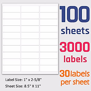 1" x 2-5/8" Shipping Address Labels 3000 Label Stickers Paper for Laser/Inkjet Printer 30 per Page Printable Mailing Labels - Matte, 100 Sheets