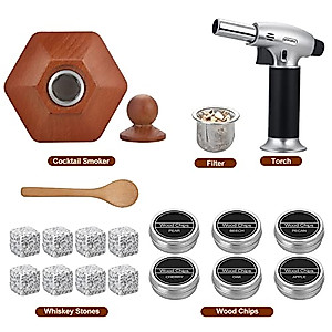 Cocktail Smoker Kit, PESUITOR Old Fashioned Whiskey Smoker Kit with Torch Marble Stones Wood Chips, Drink Smoker Infuser Kit Birthday Bourbon Whiskey Gifts for Men, Dad, Husband Father (No Butane)
