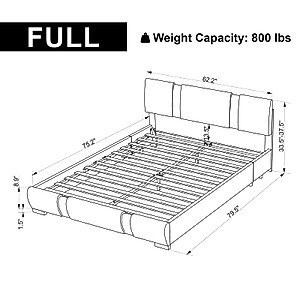 Kallabe Full Modern Faux Leather Upholstered Bed Frame with Adjustable Headboard, LED Lights，Low Profile Platform Bed with Iron Piece Decor，Wooden Slats Support, No Box Spring Needed, Black
