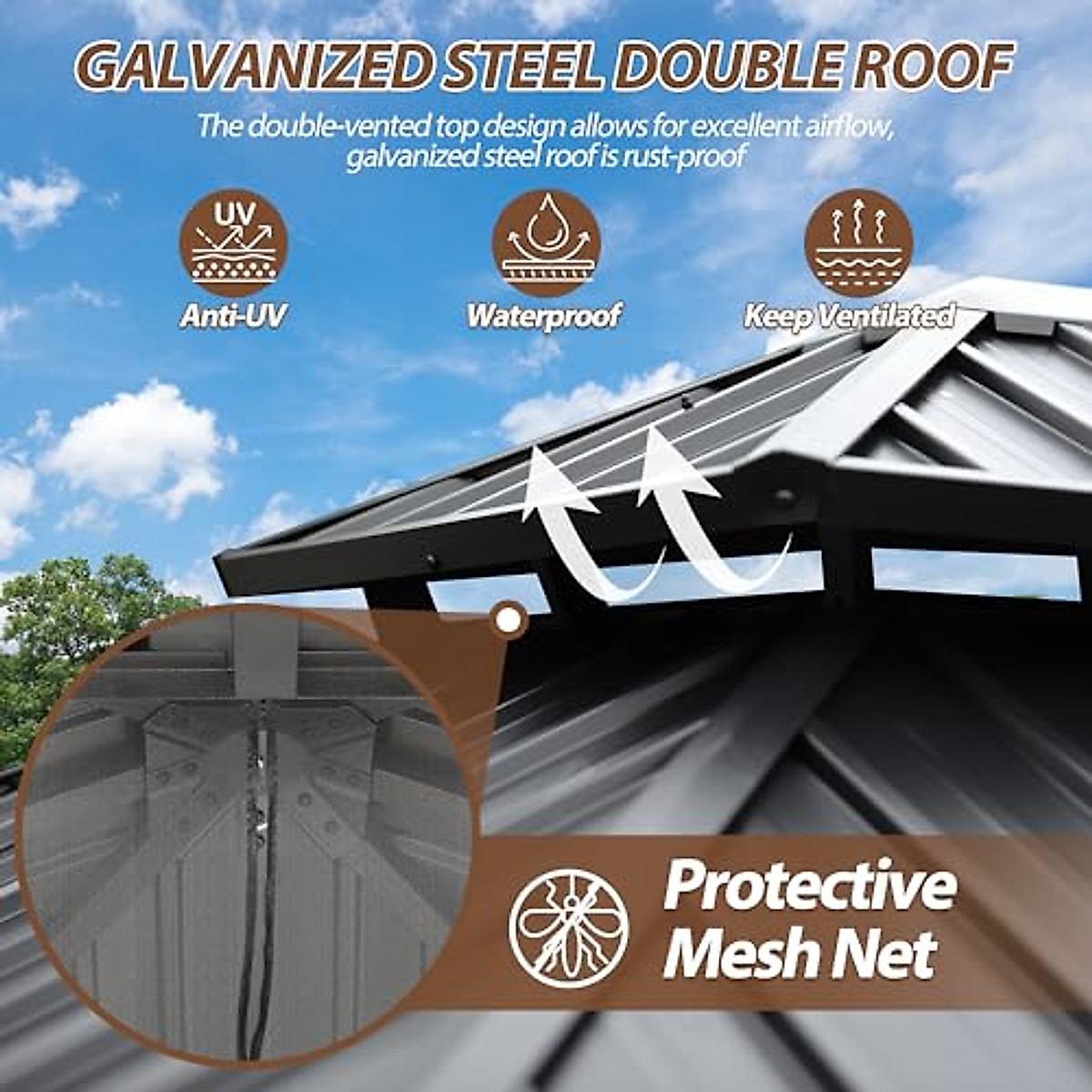 Raysfung 10 X 12ft Hardtop Gazebo, Galvanized Steel Double Roof Gazebo with Nettings and Curtains, Outdoor Aluminum FrameVertical Stripes Roof Permanent Pavilion for Patio, Backyard, Lawns