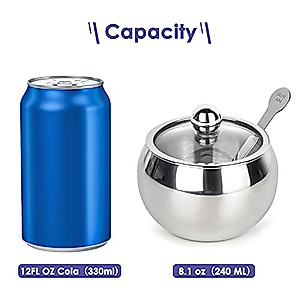 ASIKA Sugar Bowl, Stainless Steel Sugar Pot with Clear Lid and Spoon, Drum Shape Small Condiment Container for Home and Kitchen, 8.1 Ounces(240 Milliliter)