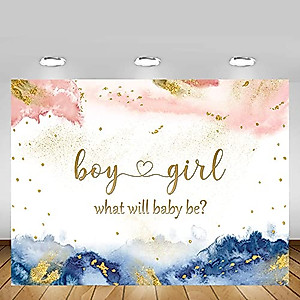 MEHOFOND 7x5ft Gender Reveal Backdrop Boy Or Girl Photography Background Watercolor Pastel Clouds Rose Gold and Royal Blue He Or She Pregnancy Reveal Surprise Party Banner Photo Studio