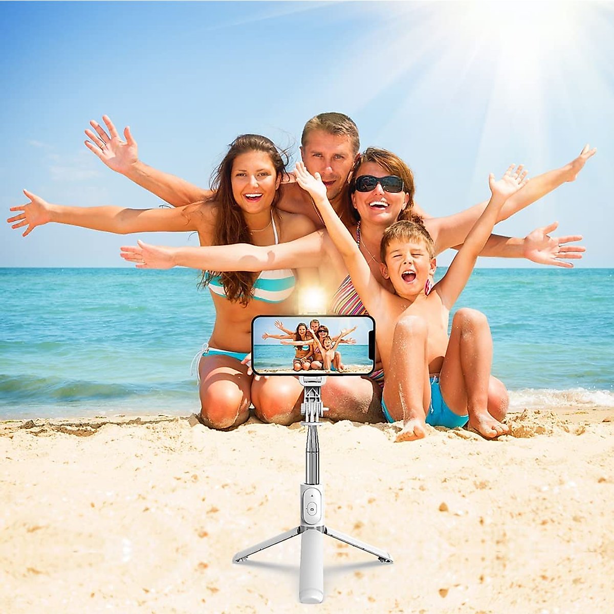 Ambertronix 40" Lighted Selfie Stick Tripod, Removable Bluetooth Remote, 3 Light Modes, 6 Brightness Levels, Lightweight, Portable, Compatible with All iPhone & Android Devices, White (2022Upgrade)