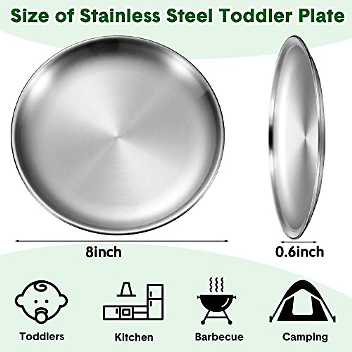 10 Pcs 18/8 Stainless Steel Plate 304 Stainless Steel Dishes 8 Inches Adult Plates Reusable Camping Plates Dishwasher Safe Feeding Serving Flat Plate Double Layers Round Dessert Plate (Silver)