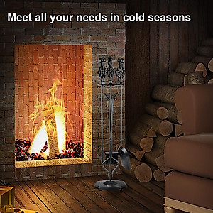 VODA Fireplace Tools Set, 5-Piece Cast Iron 33" Fire Place Set Tools Indoor Fireside Accessories Large Fire Place Tool Set Outdoor Holder Fire Kit with Poker Shovel Tongs Brush, Stand