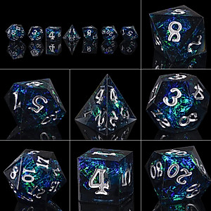 DND Dice Set Resin Polished Edge Polyhedral Dice Set D&D RPG Suitable for Dungeons and Dragons Role Playing Games Dice Gift Box Sharp-Edged Band Sparkling Laser inclusions(Mix Dark Blue Color)