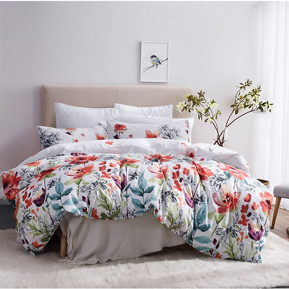 Leadtimes King Duvet Cover Boho Floral White Bedding Sets Hotel with Soft Lightweight Microfiber 1 Duvet Cover and 2 Pillow Shams (King, Style2)
