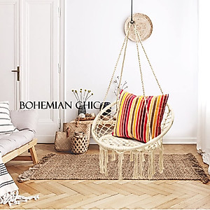 Hanging Chair for Bedroom Hammock Chair Swing with Lights and Hardware Kits Holds Up to 550Lbs Macrame Swing Chair Hanging Cotton Rope Swing Chair for Bedroom, Patio, Deck, Garden and Porch-KASHAN