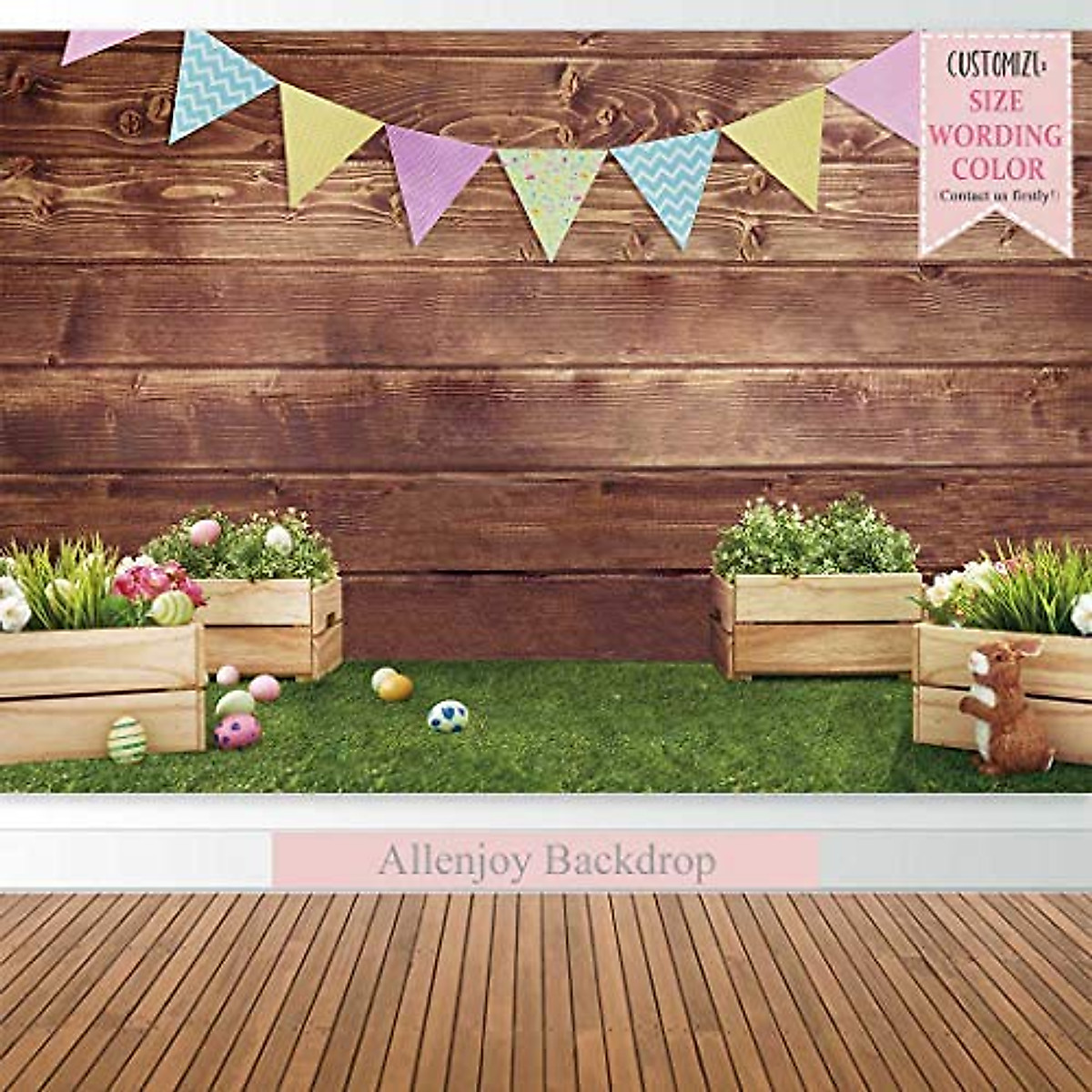 Allenjoy 7x5ft Fabric Spring Easter Backdrops for Girls Photography Wrinkle Free Happy Bunny Rabbit Green Grass Brown Wooden Wall Baby Shower Kid Newborn Portrait Background Photo Studio Shooting