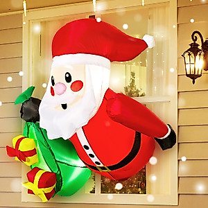 Joiedomi 3.5 FT Tall Christmas Inflatable Santa with Gift Bags Broke Out from Window, Blow Up Inflatable with Build-in LED for Window Decor, Xmas Party Indoor, Outdoor, Yard, Garden, Lawn Decoration