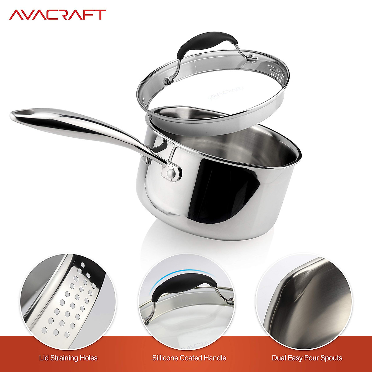 AVACRAFT Tri-Ply Stainless Steel Saucepan with Glass Strainer Lid, Two Side Spouts, Ergonomic Handle, Multipurpose Sauce Pan with Lid, Sauce Pot, Cooking Pot (Tri-Ply Full Body, 2.5 Quart)