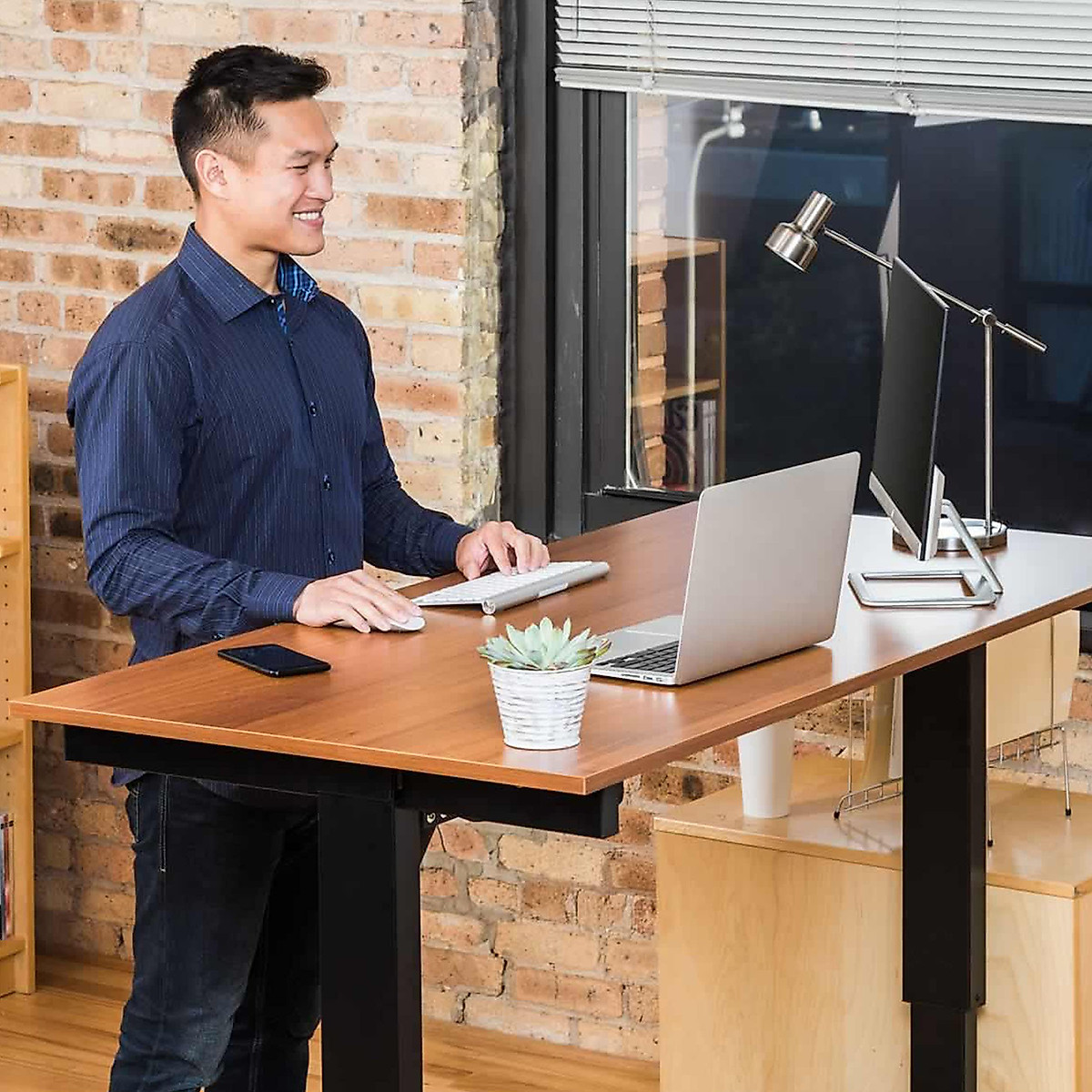 Stand Up Desk Store Electric Adjustable Height Standing Desk with Programmable Memory (Black Frame/Teak Top, 60" Wide)
