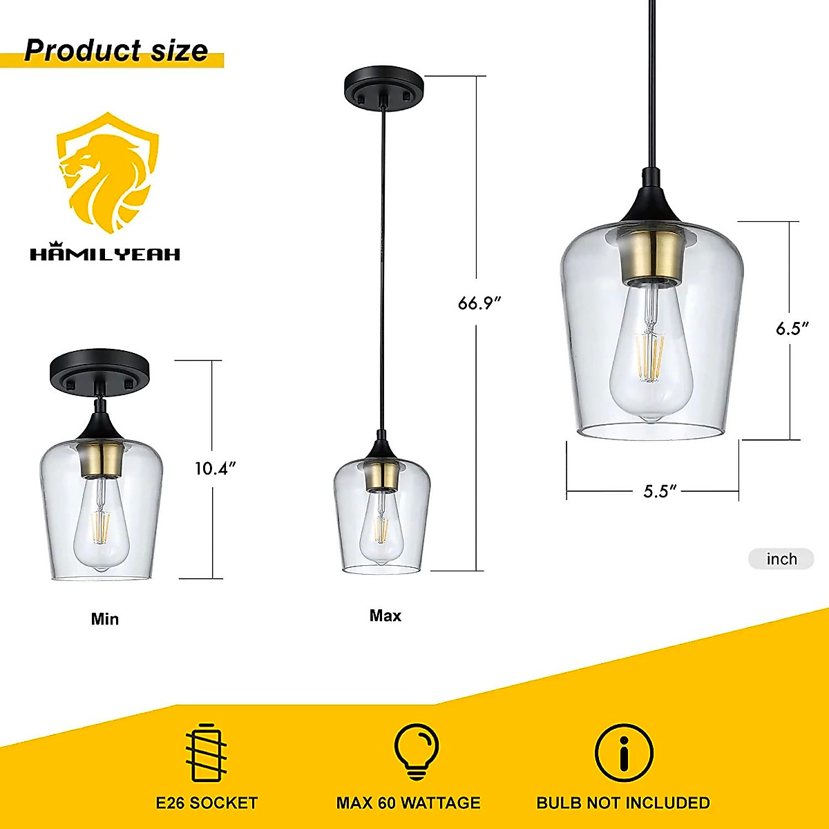 Hamilyeah 3 Light Pendant Light Fixture Over Kitchen Island, Black and Gold Pendant Lighting for Living Room, Industrial Farmhouse Hanging Lamp Set of 3 with Champagne Glass Shade