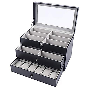 SHZICMY Sunglass Organize Box,3 Layer 12 Slots Multiple Glasses Organizer+12 Slots Watch Organizer,Eyeglass Sunglass Storage Box Display,Black