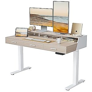 FEZIBO Electric Standing Desk with Drawers, 55x26 Inch Standing Desk Adjustable Height, Stand Up Desk with Monitor Shelf, Sit Stand Home Office Desk, Light Walnut