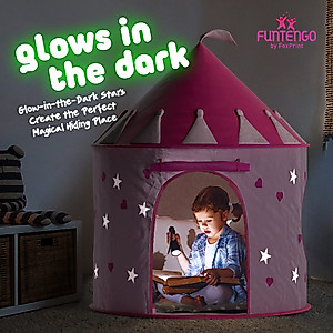 FoxPrint Princess Castle Play Tent with Glow in the Dark Stars Folds in Carrying Case Foldable Pop Up Pink Play Tent/House Toy for Indoor&Outdoor Use