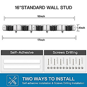 IMILLET 2 Pack Broom Holder Wall Mount, Broom Holder Stainless Steel 5 Racks with 4 Hooks Broom Organizer Wall Mount Self Adhesive Laundry Room Organization Heavy Duty Garage Organization Storage