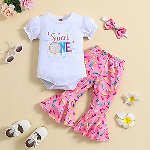 GRNSHTS Baby Girl Birthday Clothes Sweet One Letter Short Sleeve Romper+Donuts Flared Pants+Headband 3Pcs Cake Smash Outfits (Donuts White,9-12M)