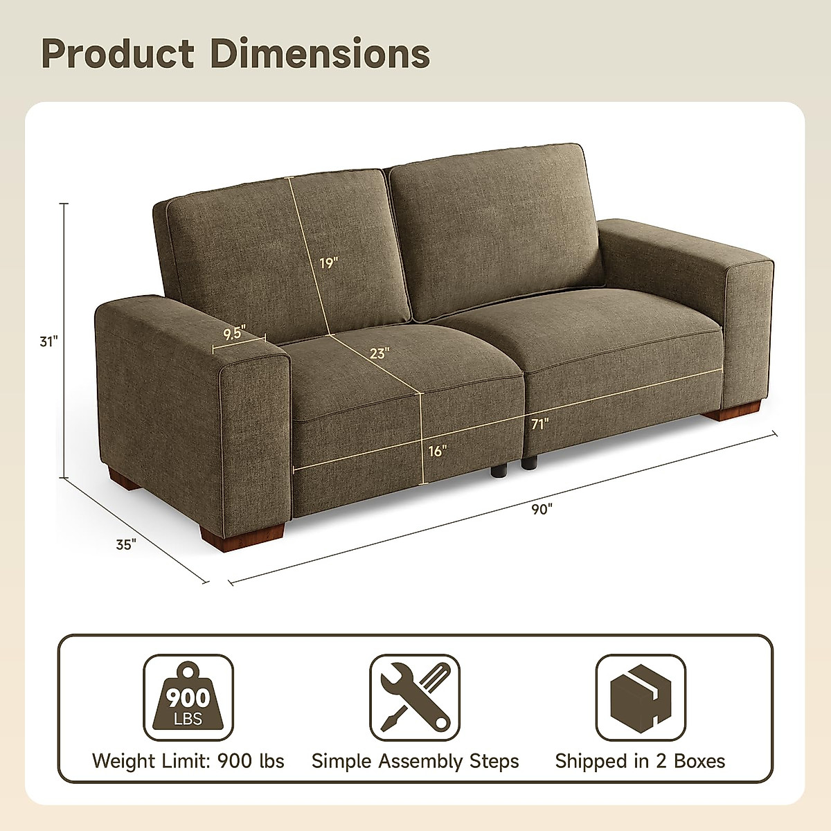 ONBRILL 90 Inch Oversized Couch, 23 Inch Extra Deep Seat Couch with Wide Arms, Modern Chenille Sofa, Easy Assembly, Comfy Couches for Living Room, Office, Apartment, Brown