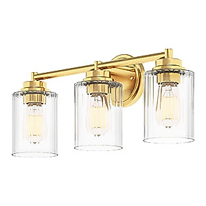 GETINLIGHT 20" Wide 3-Light Gold Bathroom Vanity Light with Clear Ribbed Glass Shade, Bulb Not Included, IN-0444-3-GD