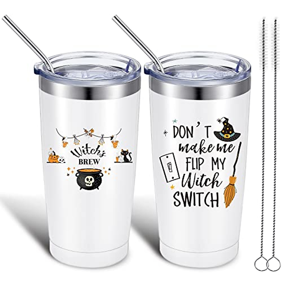 2 Pack Halloween Witch Tumbler Mug Cup, 20 oz Witch's Brew Dont Make Me Flip My Witch Switch Gothic Insulated Travel Coffee Cup, Novelty Funny Gift for Friend Sister Coworker, Includes Straw and Brush