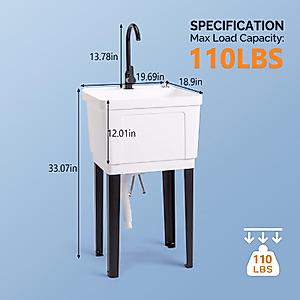 VINGLI Utility Sink Laundry Tub for Washing Room, Freestanding Utility Sink with Stainless Steel Faucet, (White, 19.7"W x 18.9"D x 33"H)