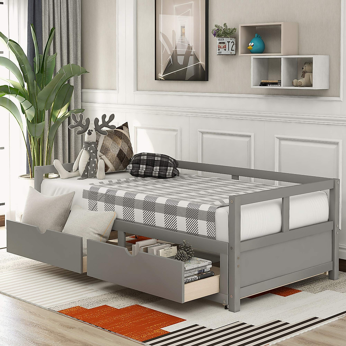 KLMM Extendable Daybed with Two Storage Drawers, Twin/King Size Foldable Daybed Solid Wood, Roll Out Trundle Accommodate Twin Size Mattresses (Gray)
