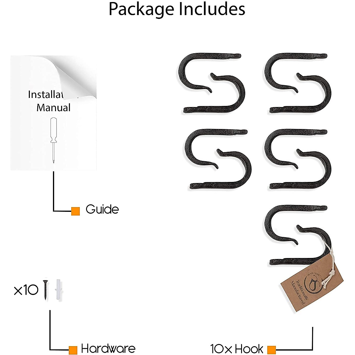 Rustic State Vagon Wall Mount Cast Iron Hooks Coat Towel Bag Hat Hanger Multiuse Entryway Railroad Spike Rack Black Set of 10