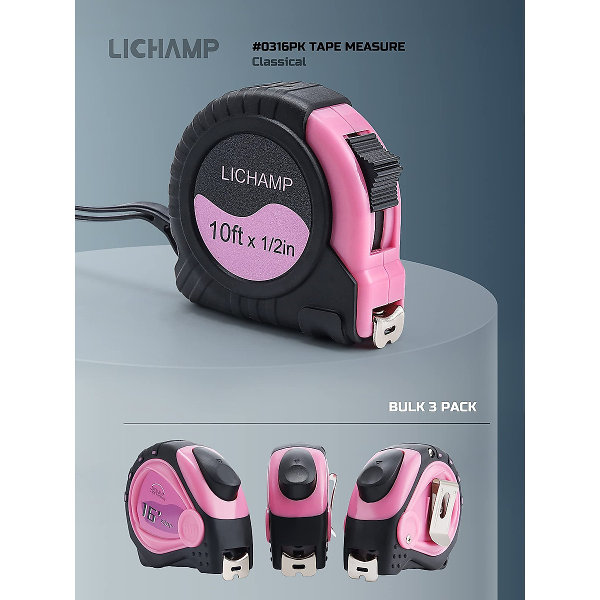 Lichamp Small Tape Measure 10 Feet, Pink Tape Measure Mini 3 Pack 10ft x 1/2in with 1/8 Fractions, 0310PK