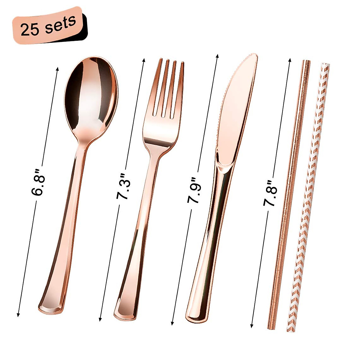 HOMIX Black and Rose Gold Party Supplies - Rose Gold Dot on Black Paper Plates Napkins Straws and Cups Silverwares Serves 25 for Wedding Bridal Shower Birthday Bachelorette Party Decorations