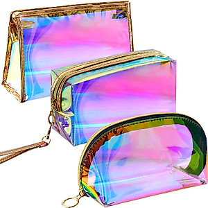 Weewooday 3 Pieces Iridescent Makeup Bag Holographic Bag Cosmetic Toiletries Bag Portable Waterproof Travel Pouch Iridescent Holographic Makeup Organizer for Women